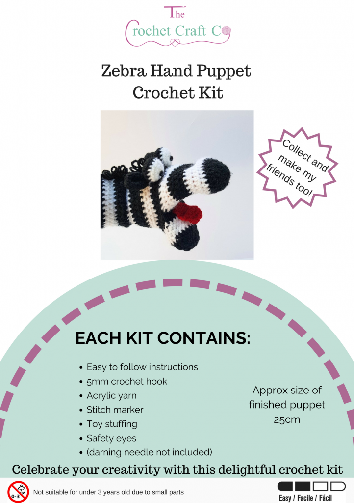Crochet Kit - Zebra Hand Puppet - The Crochet Craft Co